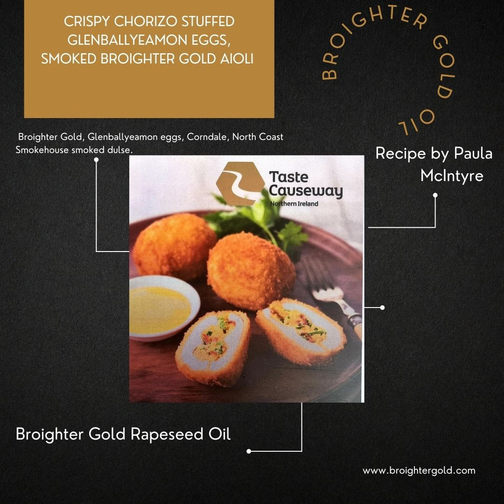 Crispy chorizo Stuffed Glenballyeamon Eggs – Broighter Gold Rapeseed Oil